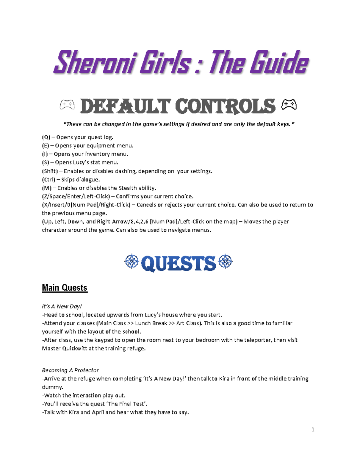 Sheroni Girls Guide: Essential Controls and Quests Overview - Studocu