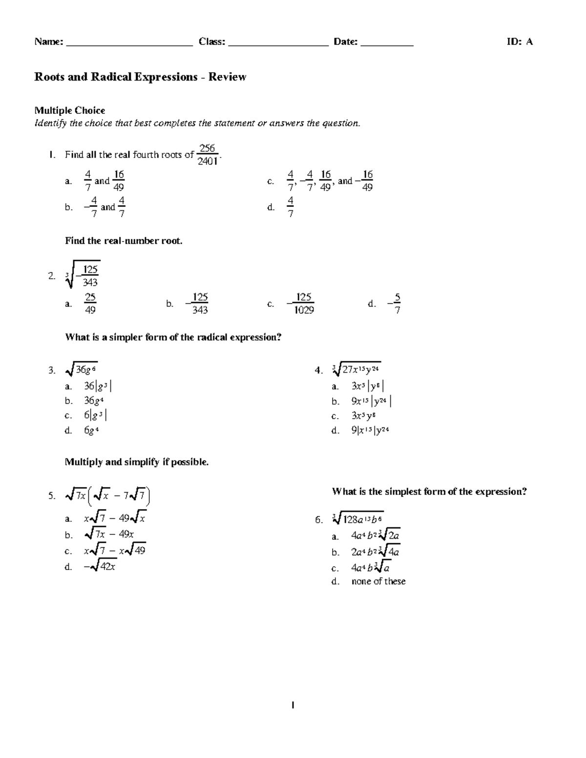 Practice Test Math Grade 11 Roots and Radical Expressions - Name