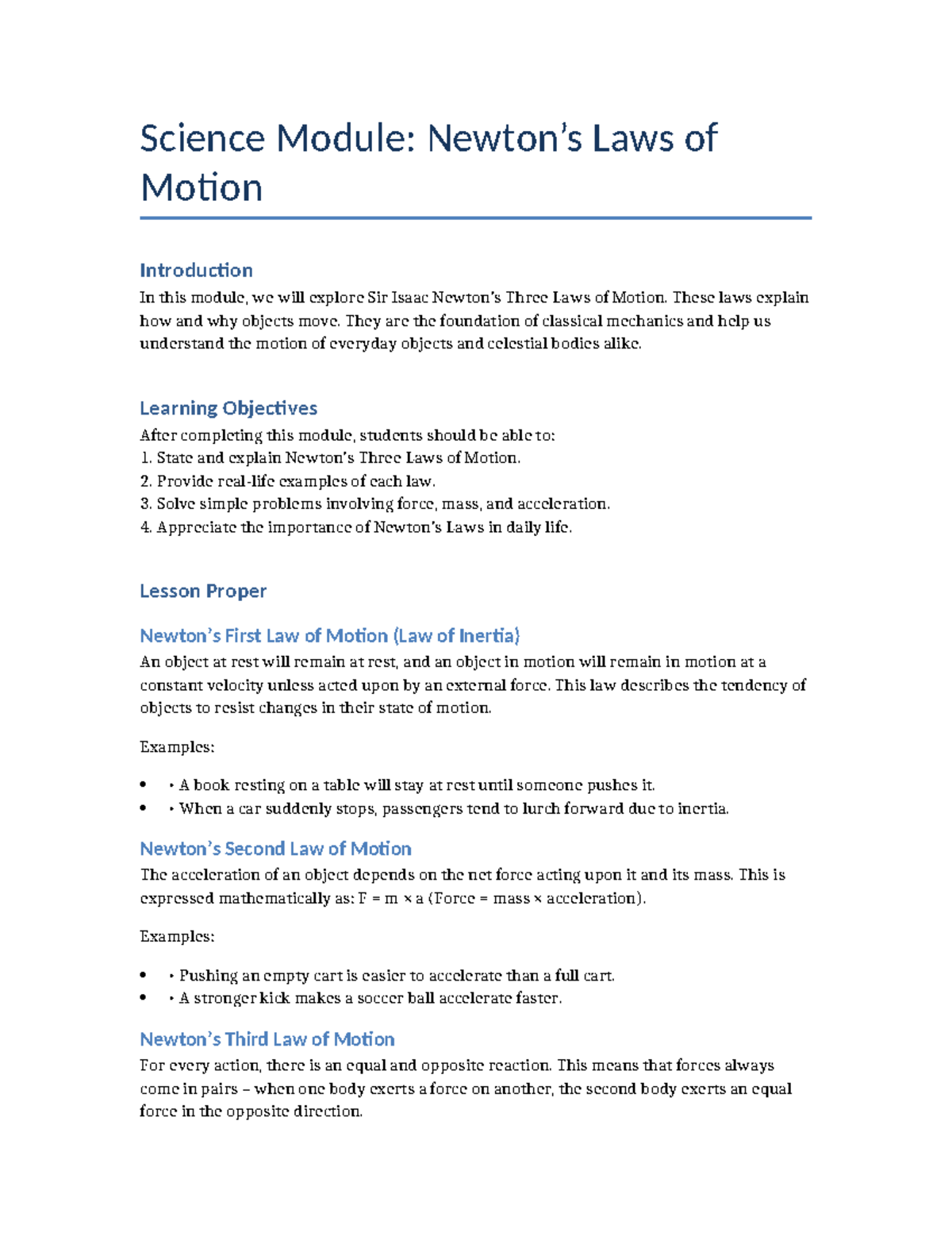 Science Module: Newton's Laws of Motion Overview - Studocu