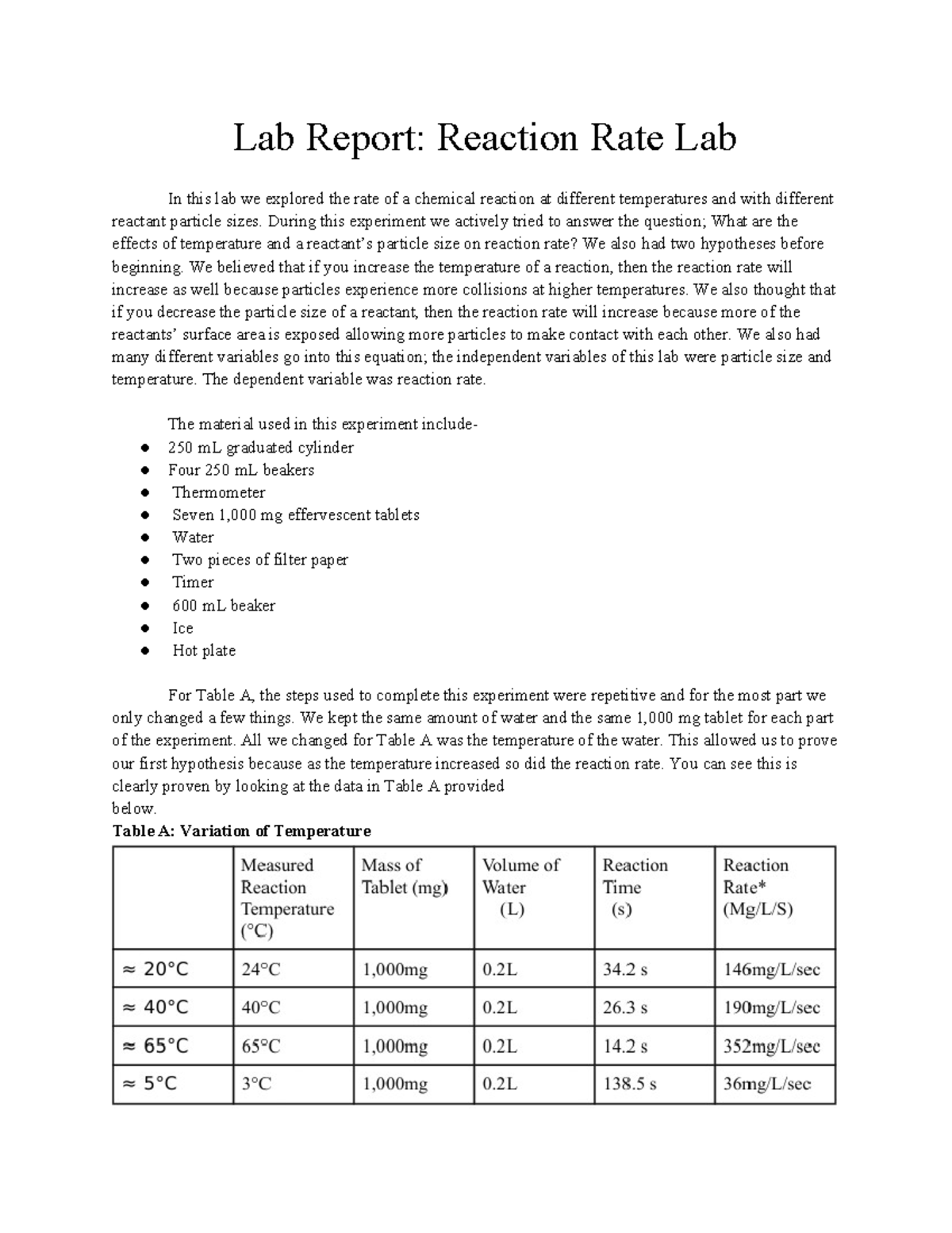 Lab Report Reaction Rate Lab - During this experiment we actively tried ...