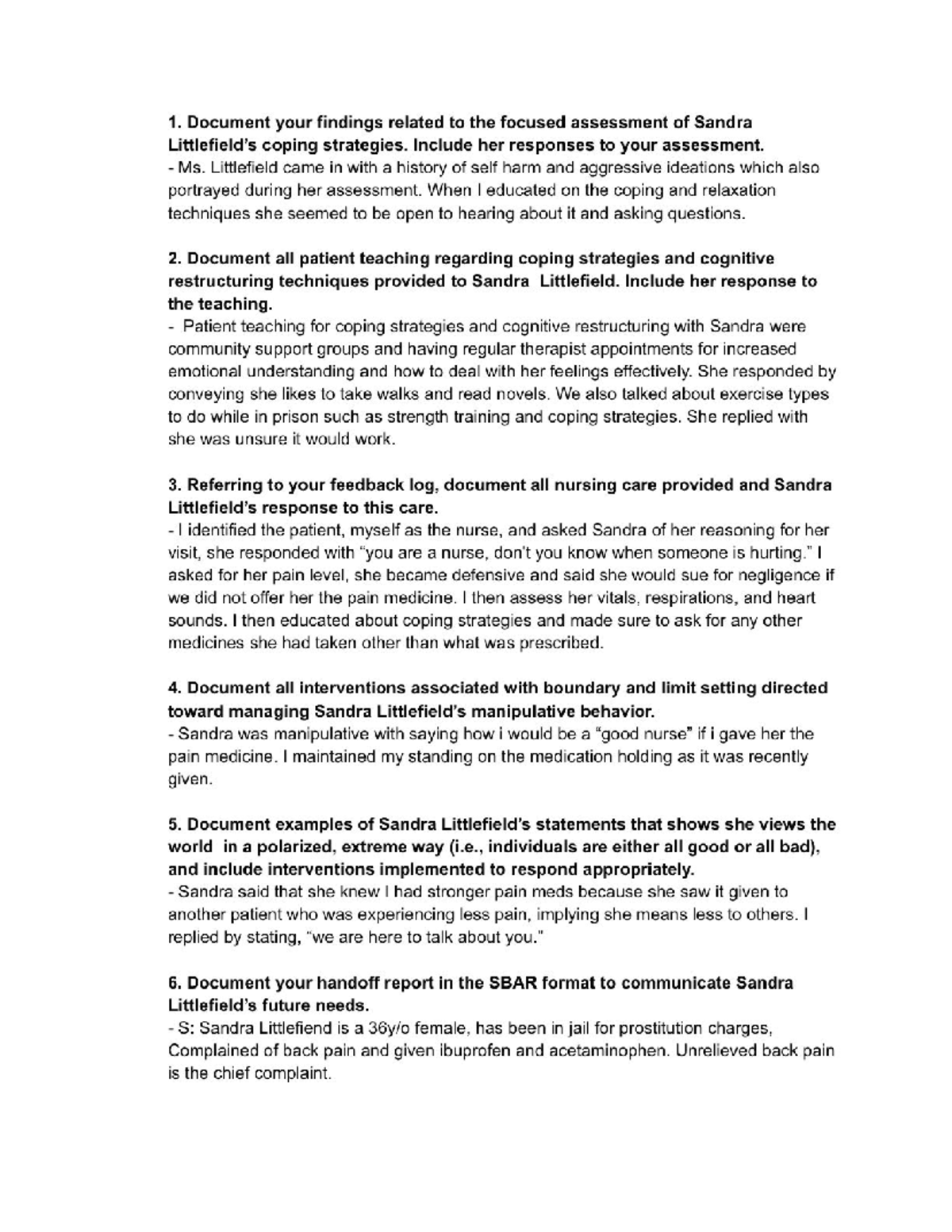 Mental Health Case Study: Sandra Littlefield vSim Documentation - Studocu