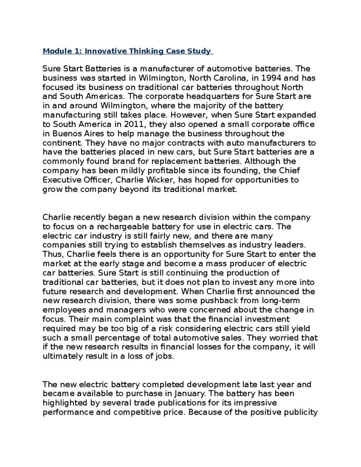 Quiz M1: Innovative Thinking Case Study Analysis and Questions - Studocu