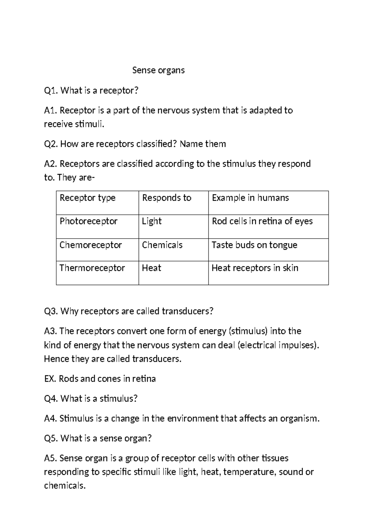 14. Sense Organs: Structure, Function, and Receptor Types - Studocu