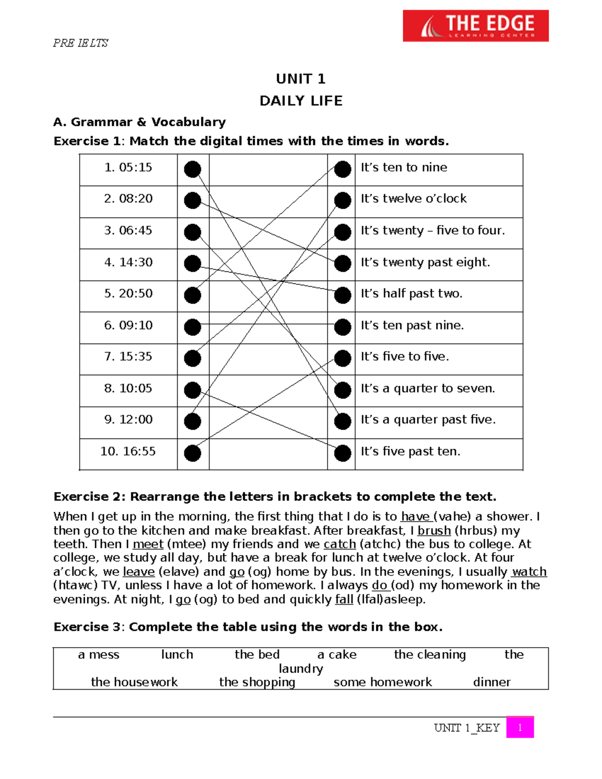 UNIT 1 DAILY LIFE - Key Exercises & Language Builder Guide - Studocu