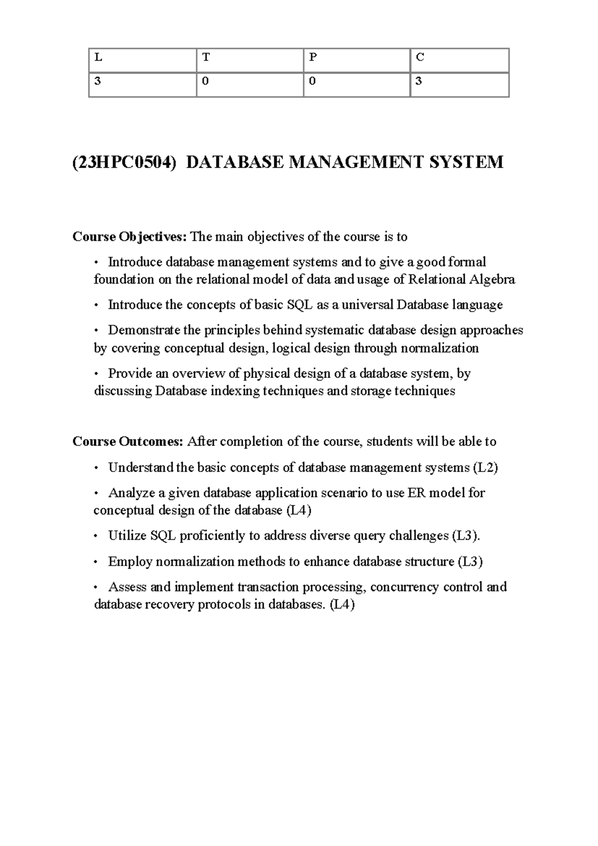 Database Management Systems (23HPC0504) Course Overview and Concepts ...