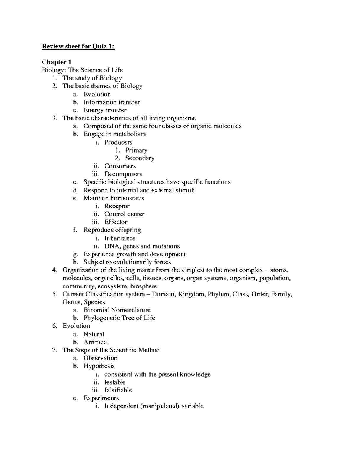 Biology 101: Quiz 1 Review Sheet for Chapters 1 & 2 - Studocu