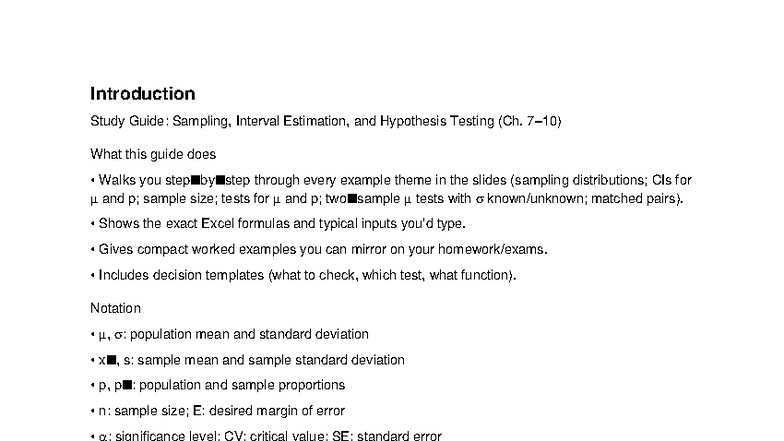 ISDS361A Ch7-10 Study Guide: Sampling, Estimation & Hypothesis Testing ...