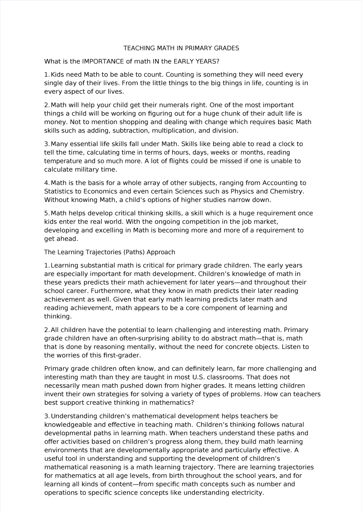 Teaching Math in Primary Grades: Importance & Learning Trajectories ...