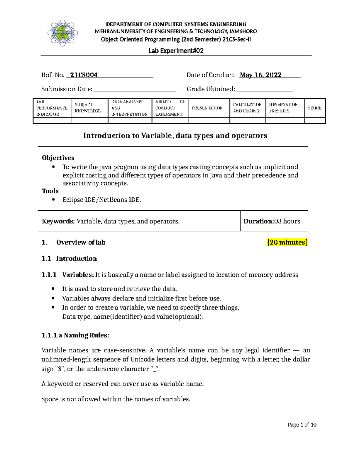 Lab 02: Java Data Types, Variables, and Operators - OOP 21CS-Sec-II - Studocu