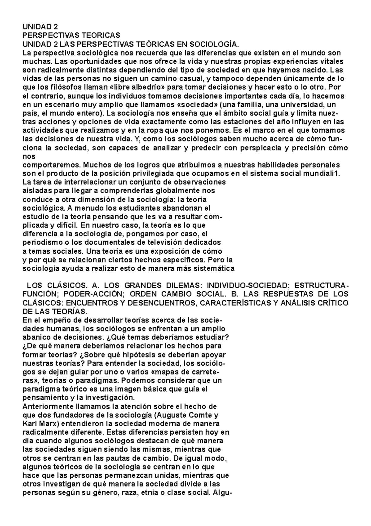 Unidad 2 - Sociologia - resumen - UNIDAD 2 PERSPECTIVAS TEORICAS UNIDAD ...
