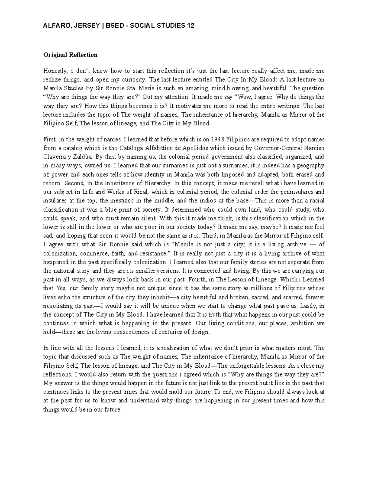 BSED SOCIAL STUDIES 12: Final Reflection on Manila Studies - Studocu