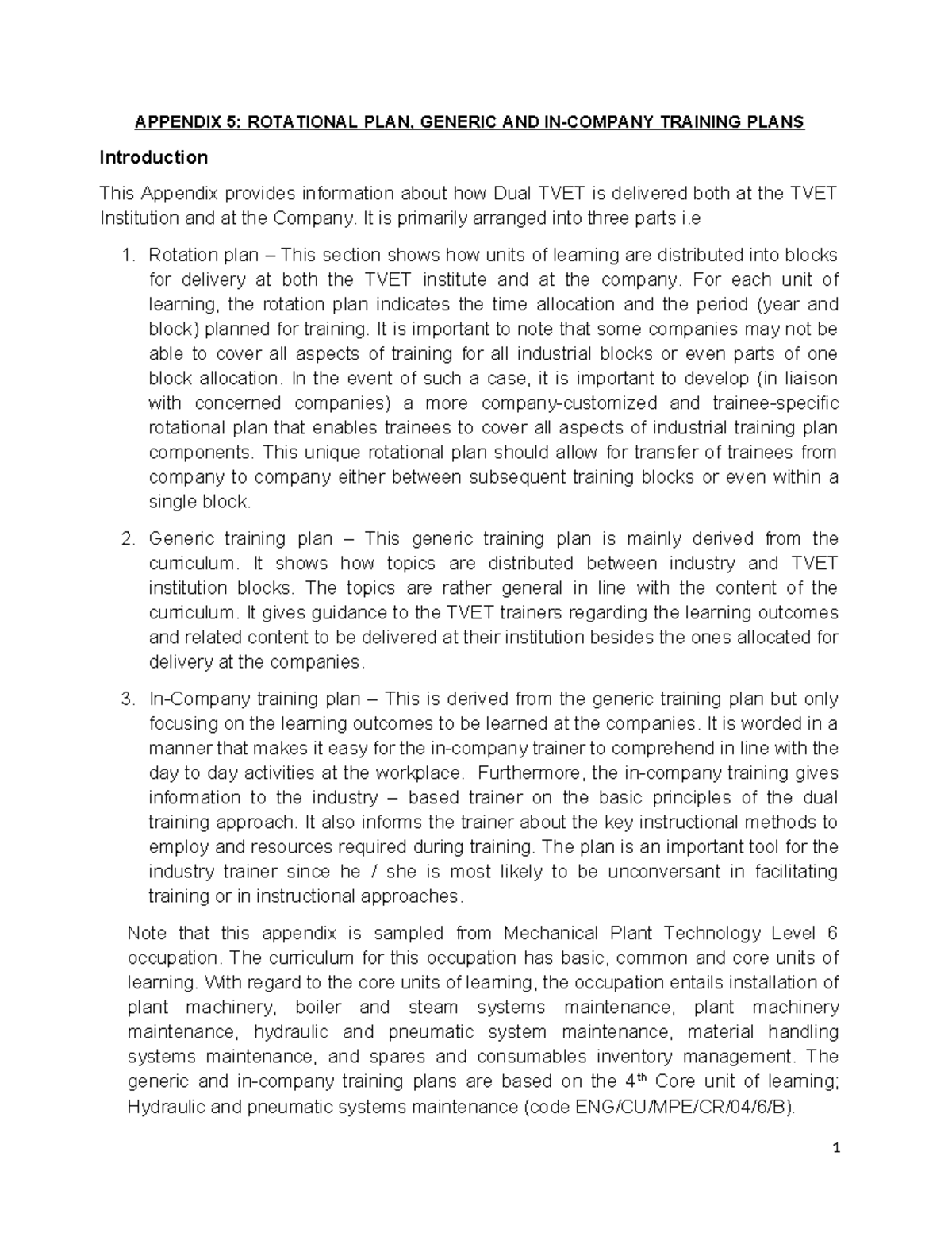 Appendix 5: Rotational & Training Plans for Mechanical Plant Tech Level ...
