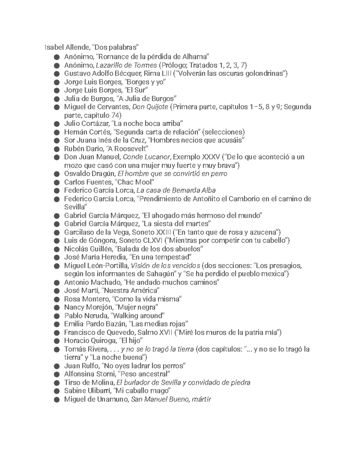 38 Textos Requeridos para AP Español Literatura - Studocu