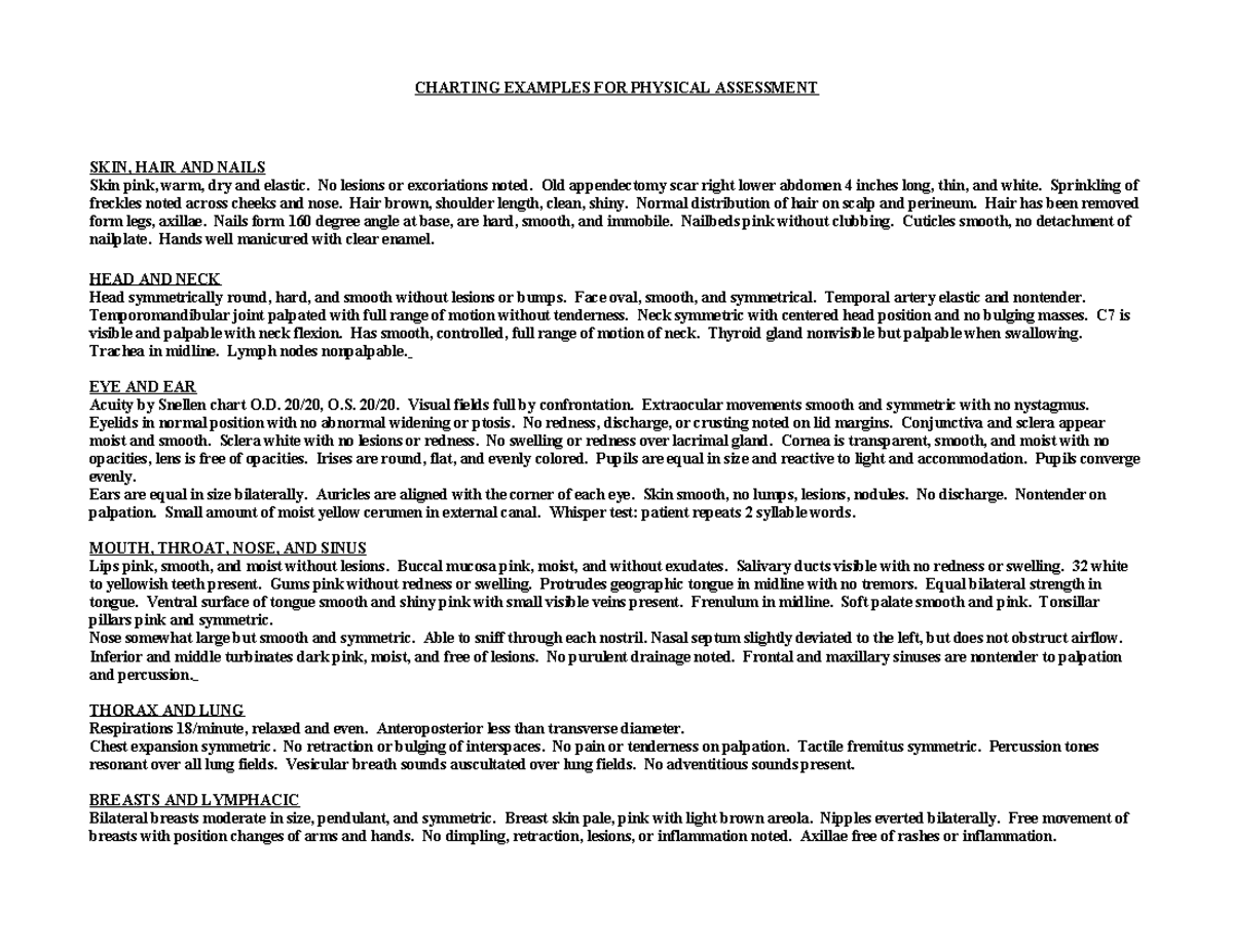Charting Examples for Physical Assessment - Comprehensive Guide - Studocu