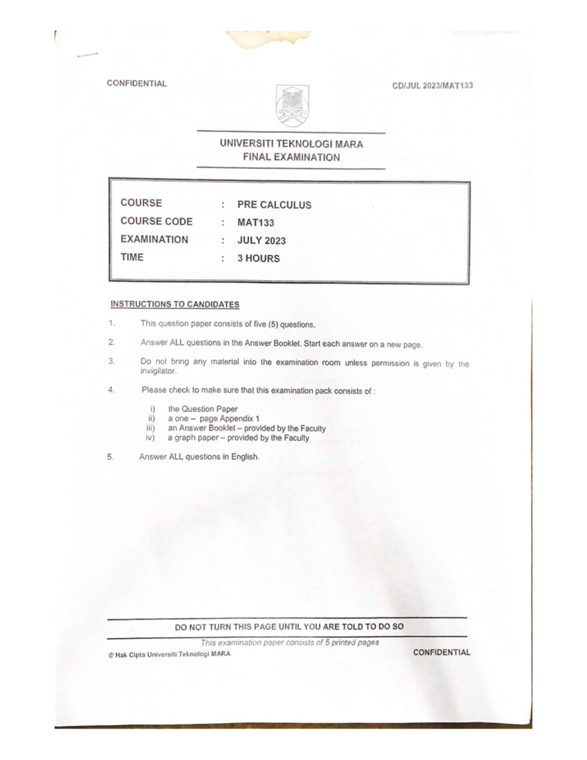 MAT 133 Final EXAM Papers - CONFIDENTIAL UNIVERSITI TEKNOLOGI MARA ...