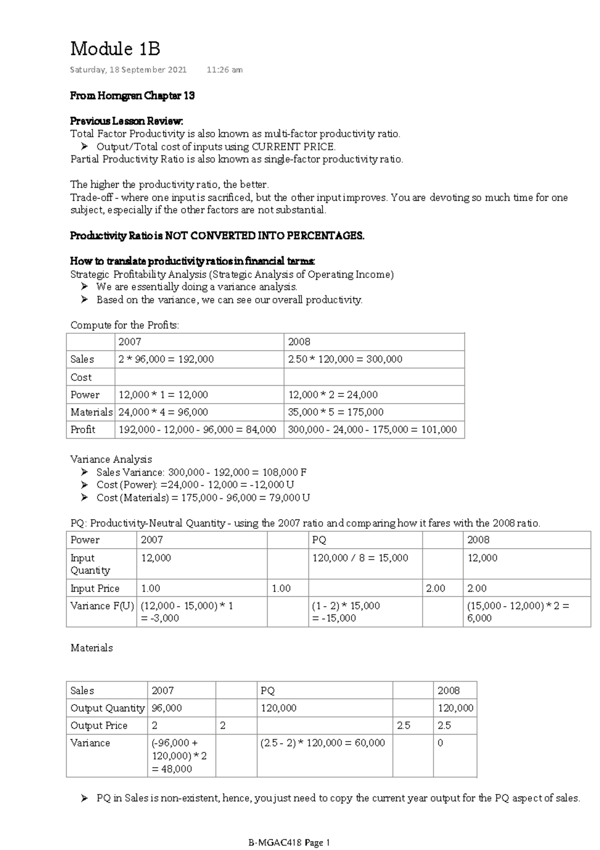 Module 1B - Productivity Analysis & Learning Curve Notes - Studocu