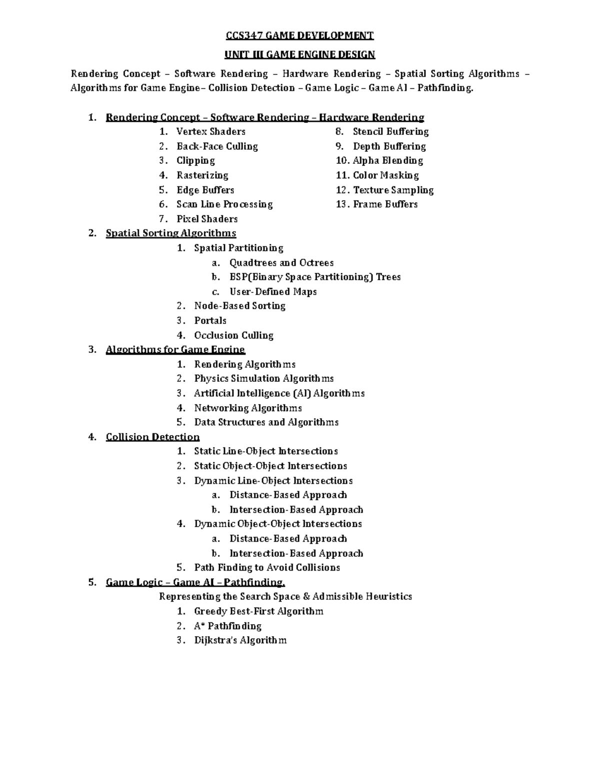 CCS347 Game Development - Unit 3 Lecture Notes on Game Engine Design ...