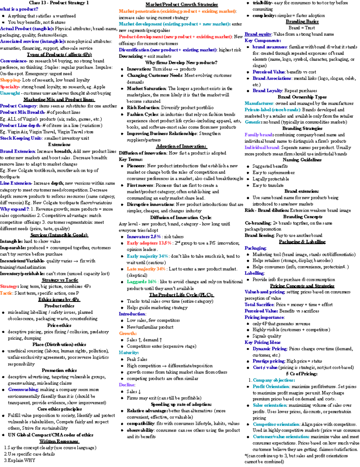 Class 13 Product Strategy 1: Growth Strategies Cheat Sheet - Studocu