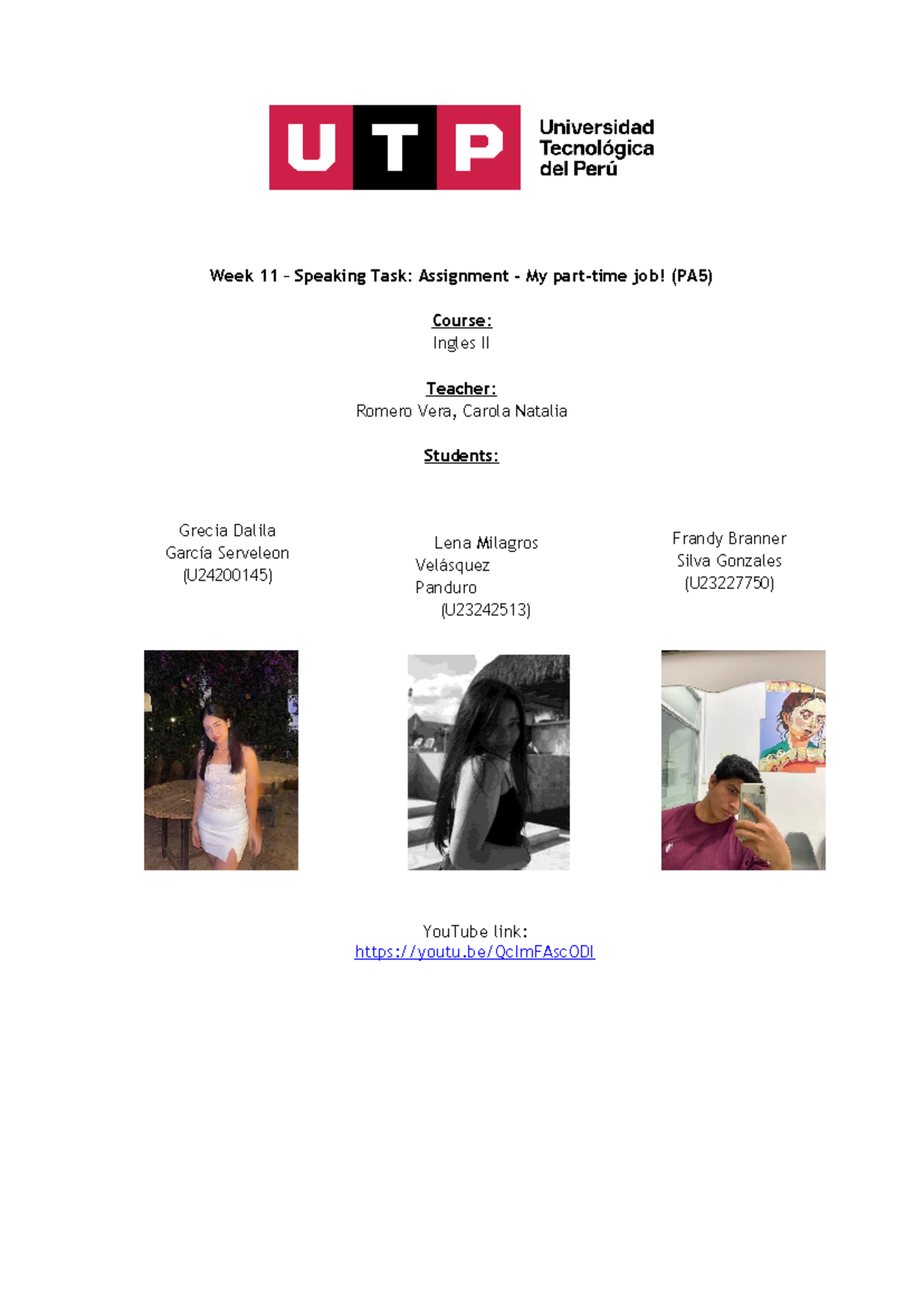 Ingles II Week 11 Speaking Task: My Job! (PA5) - Studocu