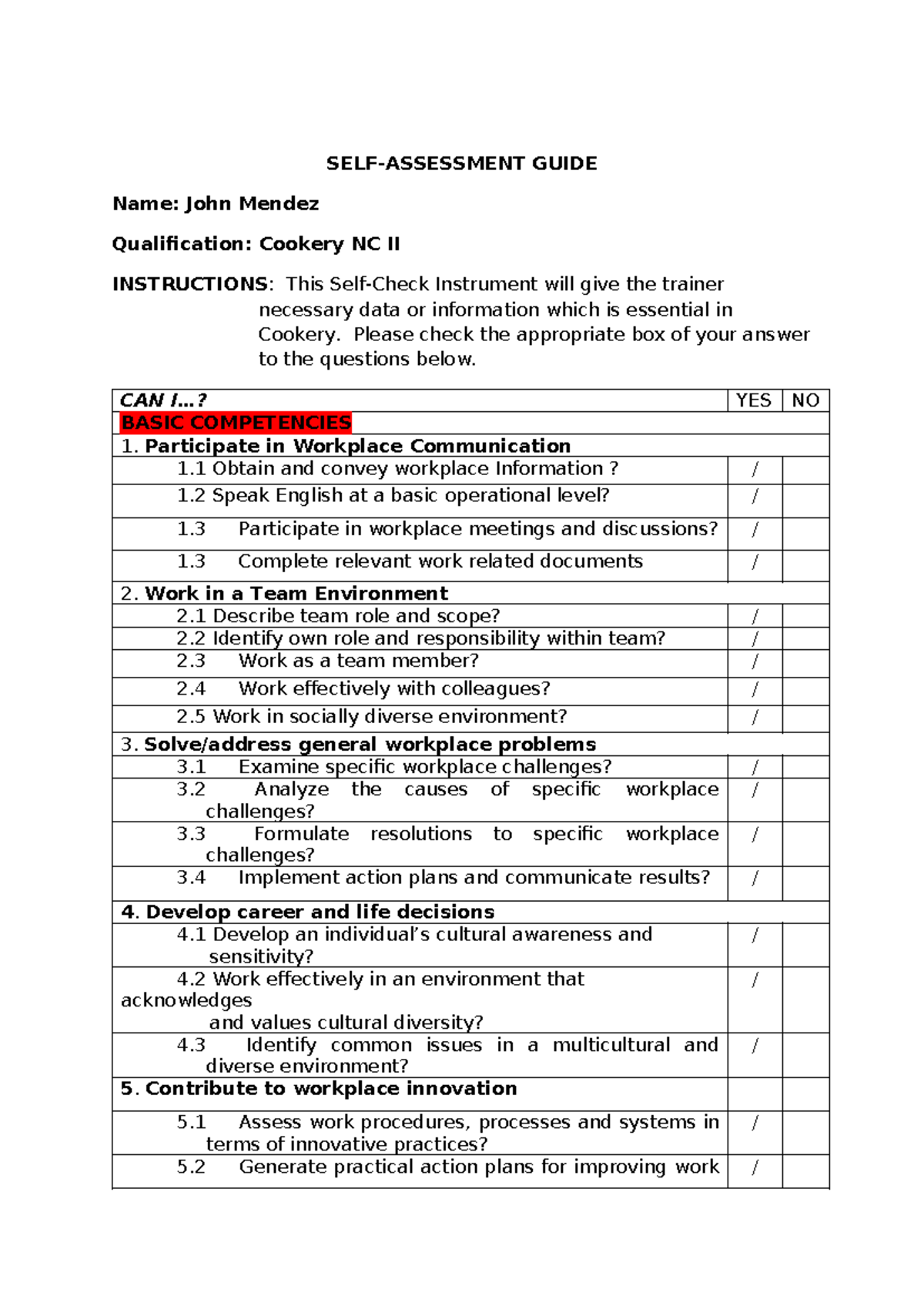 Self-Assessment Checklist for Cookery NC II Competencies - Studocu