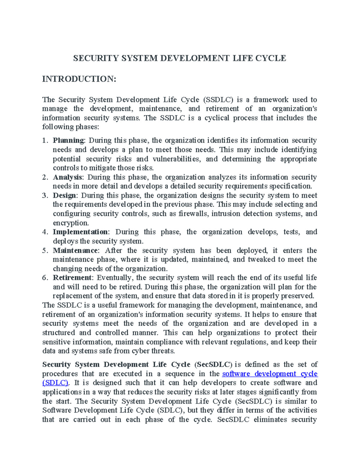 SecSDLC: Comprehensive Overview of Security System Development Life ...