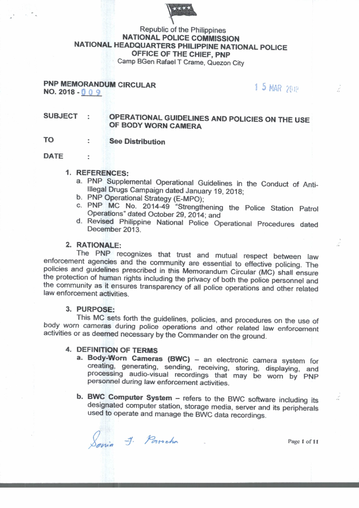 MC No 2018-009: Guidelines for Using Body Worn Cameras - Studocu