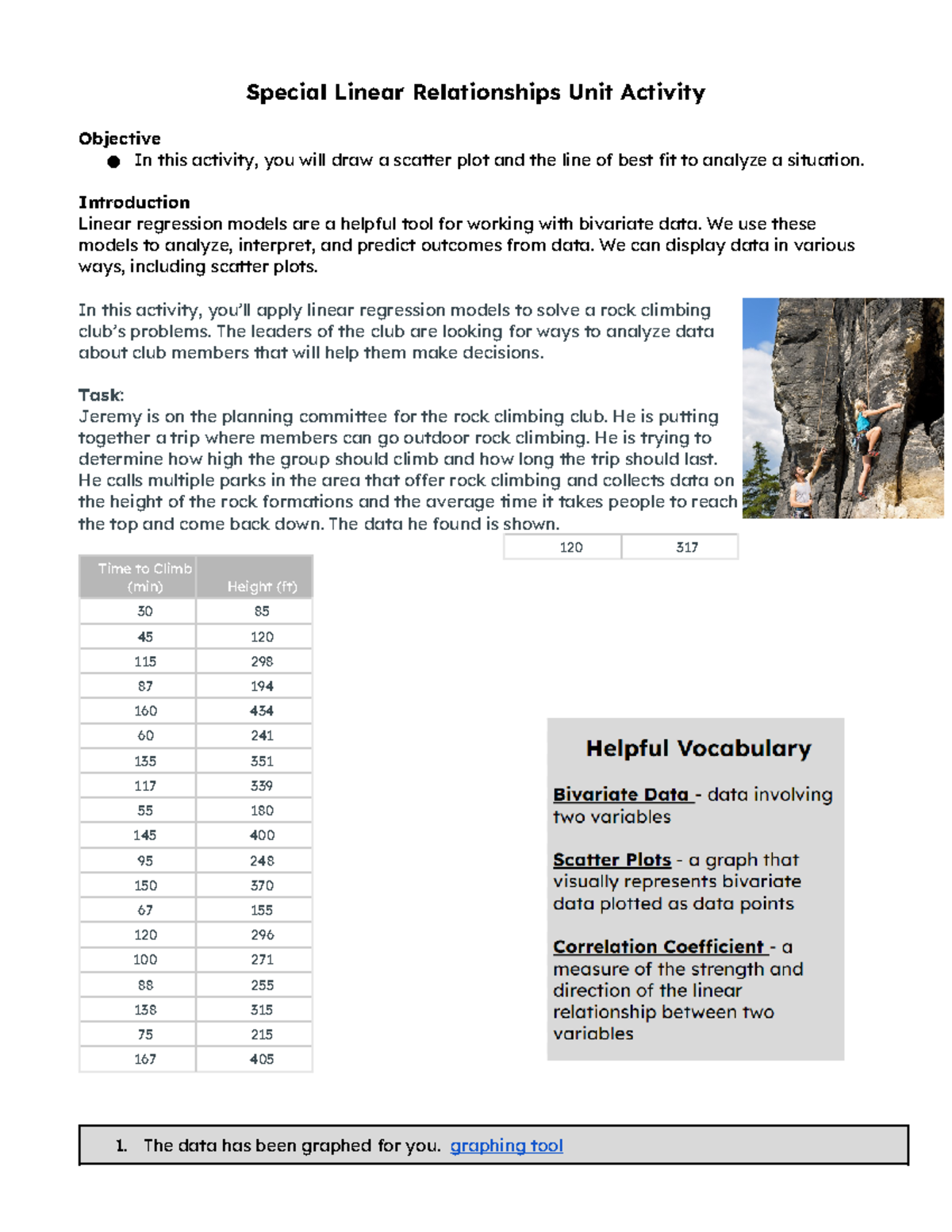 Special Linear Relationships Unit Activity - Analyzing Bivariate Data ...