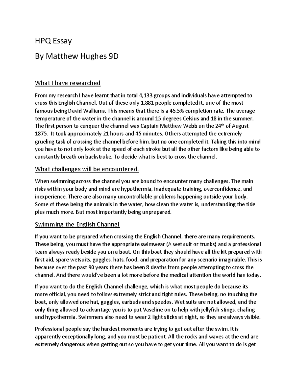 HPQ Essay 1 - Insights on Swimming the English Channel - Studocu
