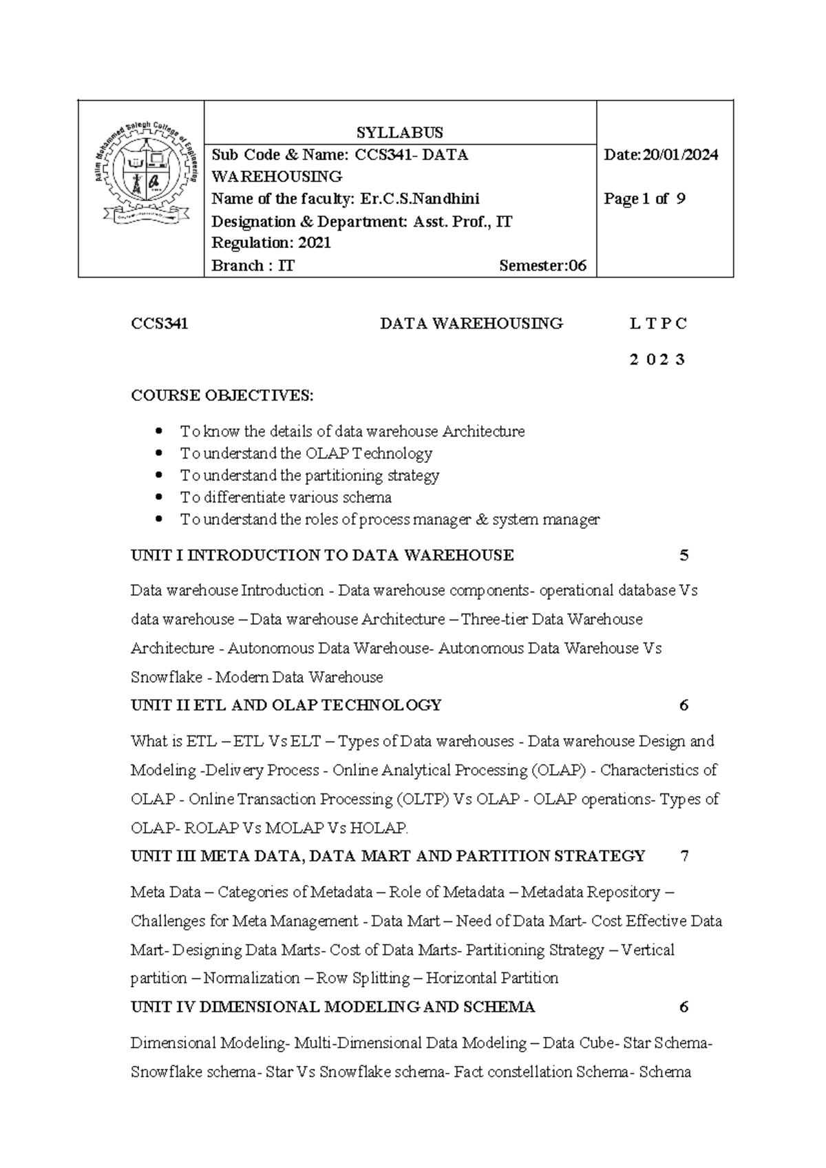 CCS341 Data Warehousing Syllabus and Course Overview - Studocu