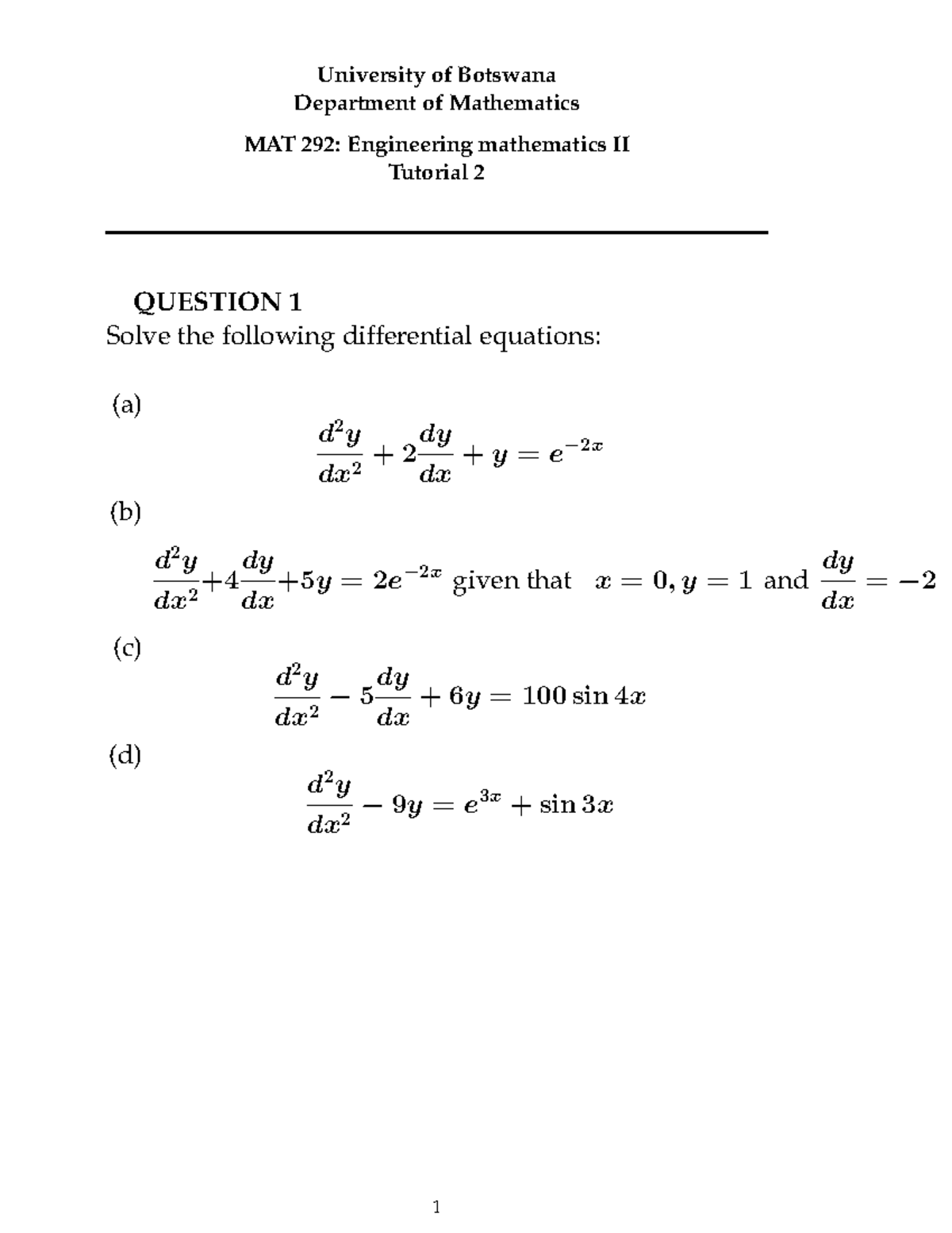 MAT 292: Engineering Mathematics II Tutorial 2 Solutions - Studocu