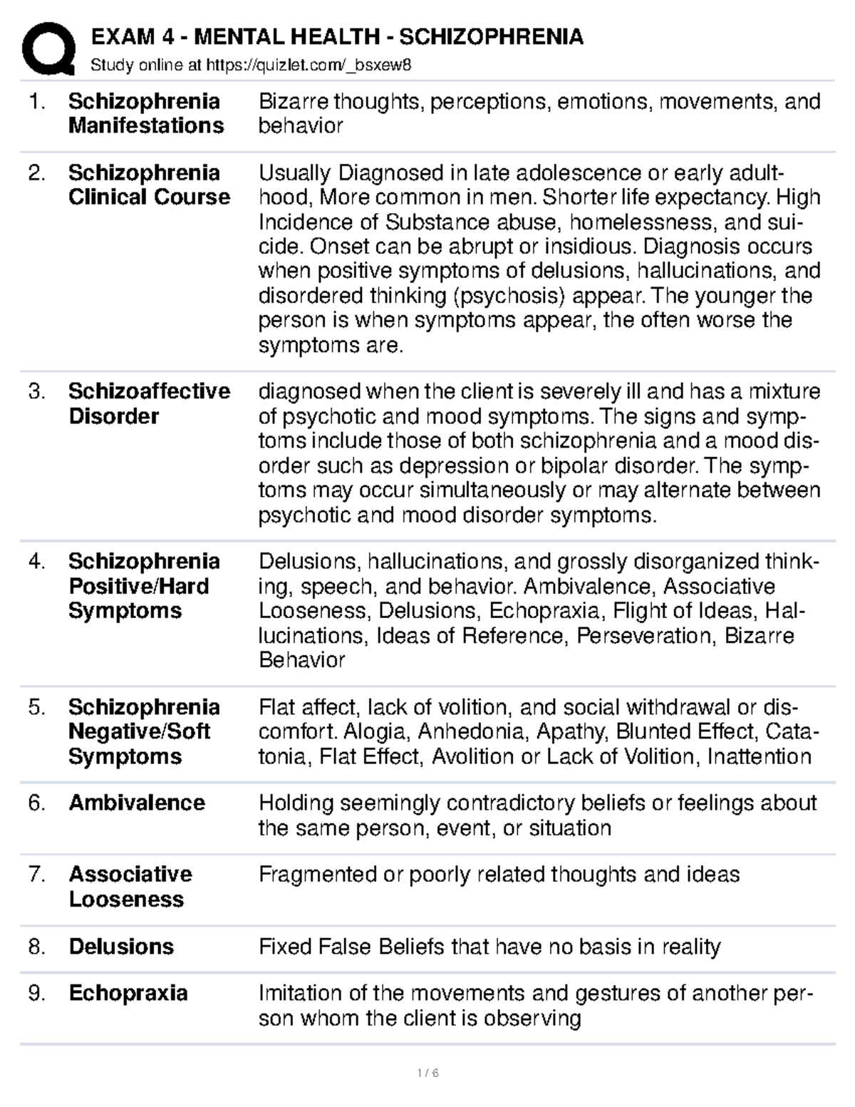 EXAM 4 - Mental Health - Schizophrenia - Study online at quizlet/_bsxew ...