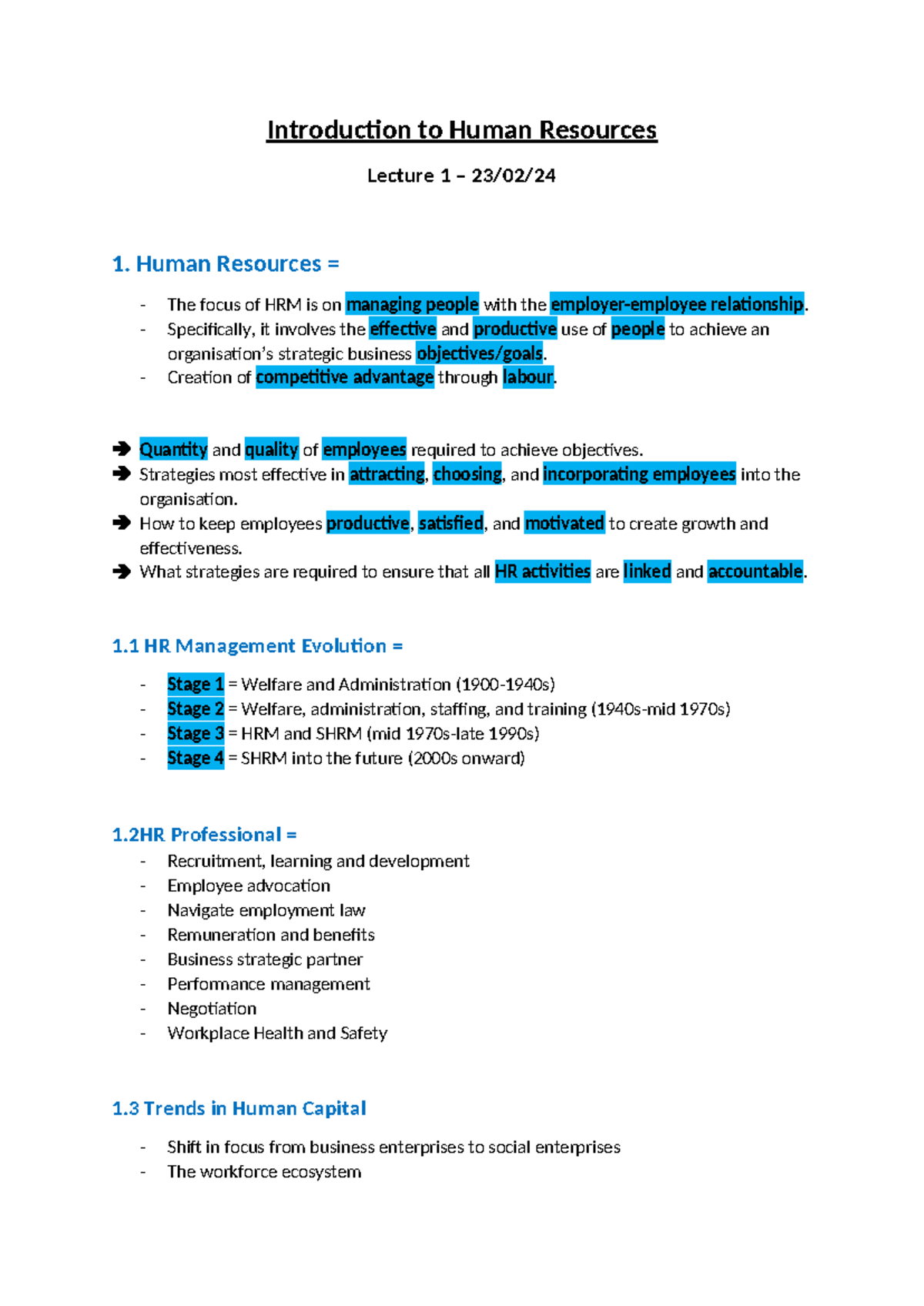 Lecture notes - Introduction to Human Resources - Introduction to Human ...