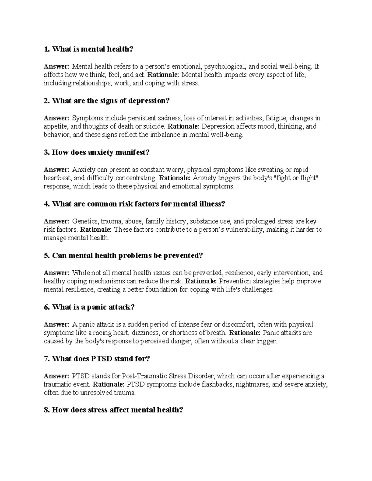 Mental health questions and answers - 1. What is mental health? Answer ...