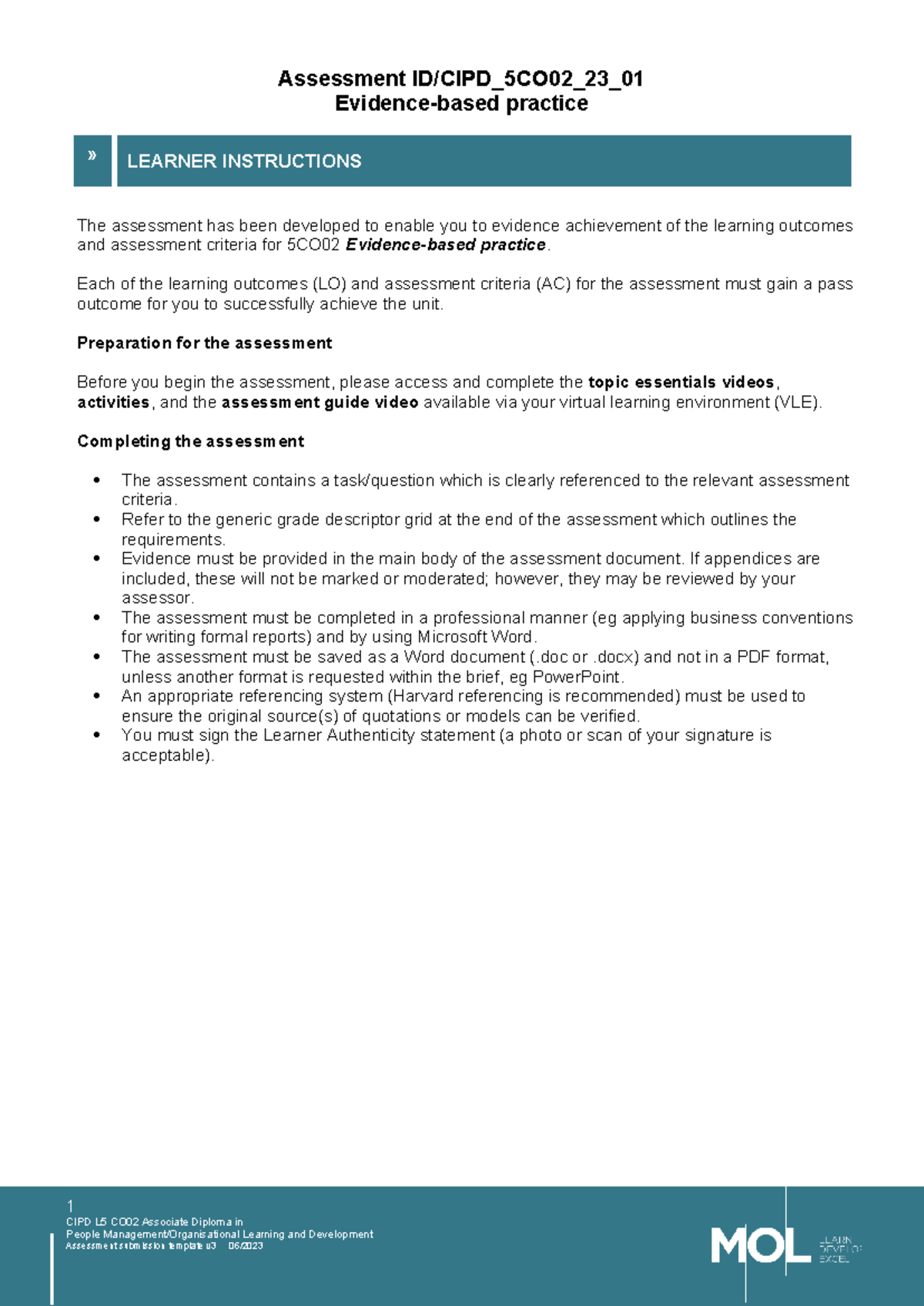 CIPD L5 CO02 Learner assessment submission template v3 - Assessment ID ...