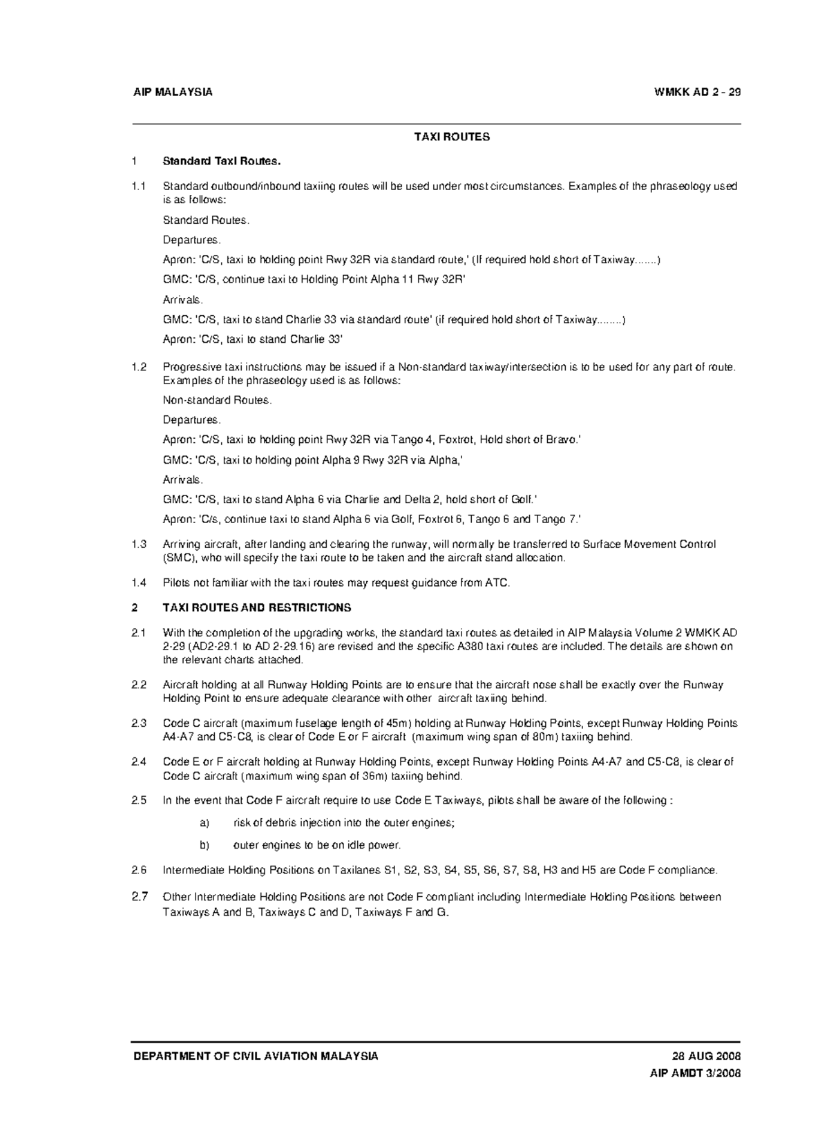 AIP MALAYSIA WMKK AD 2 29 Standard Taxi Routes and Procedures - Studocu