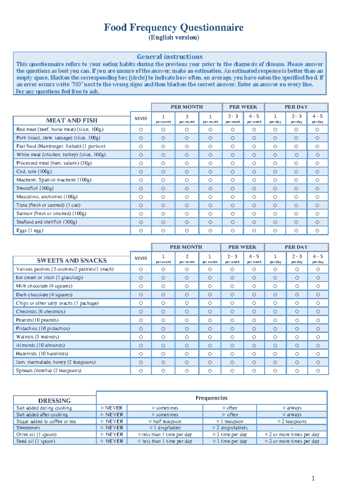 Food Frequency Questionnaire (FFQ) - English & Italian Versions - Studocu