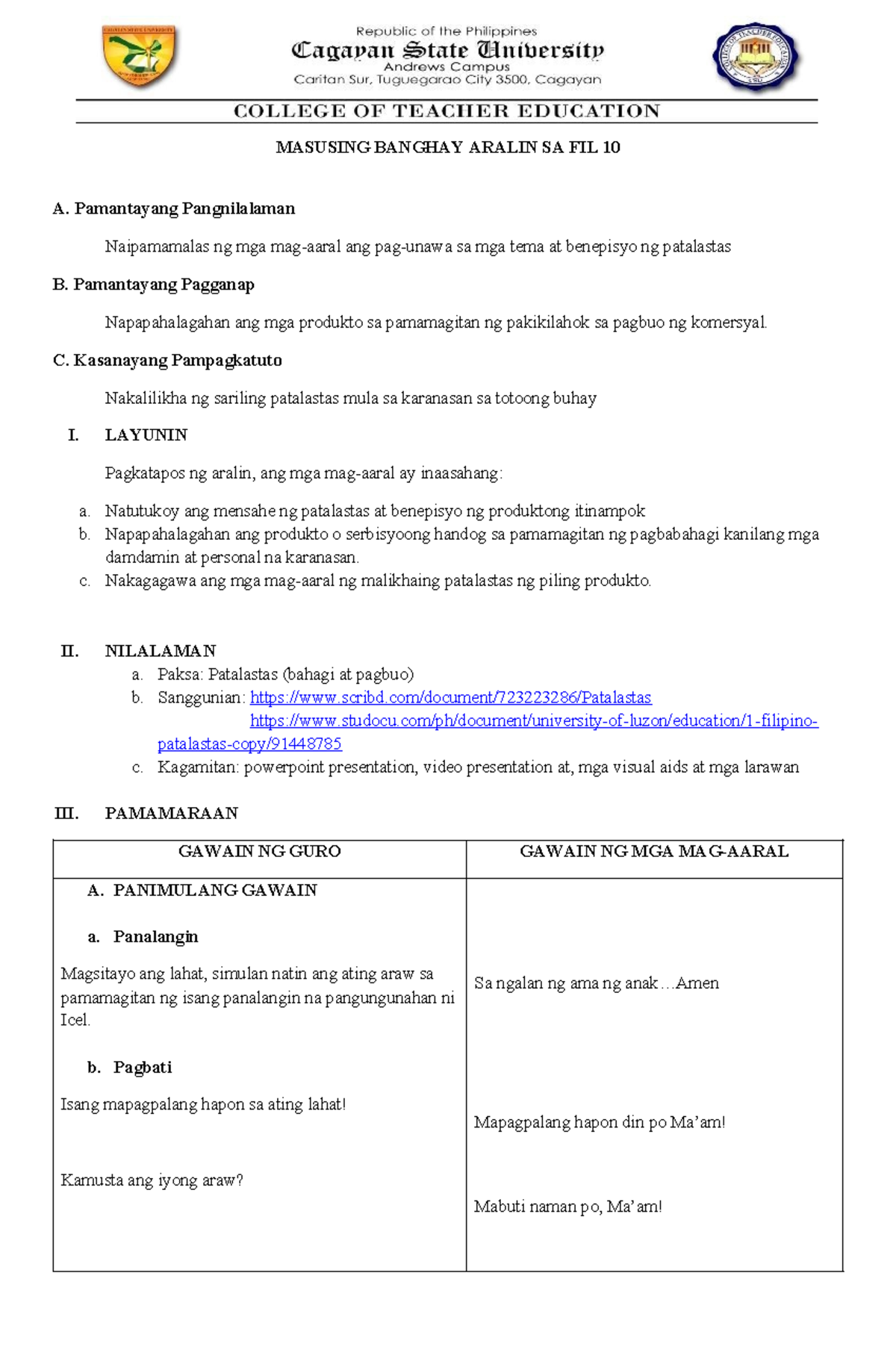 FIL 10 Lesson Plan: Patalastas at mga Kasanayang Pampagkatuto - Studocu