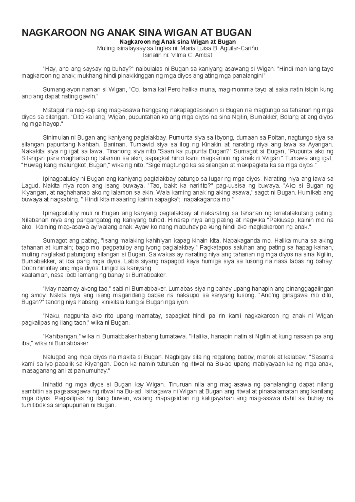 Bugan at Wigan: Ang Kwento ng Kanilang Anak - Studocu