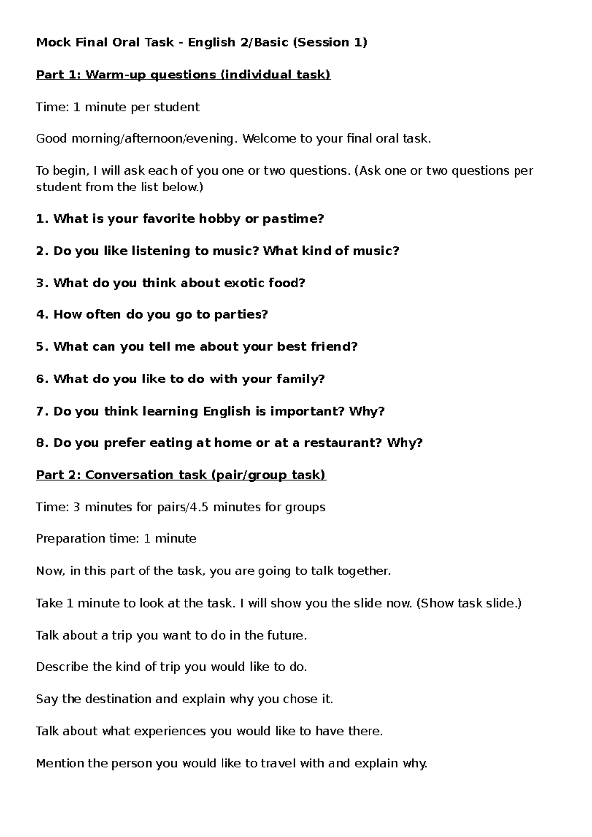 Mock Final Oral Task for English 2/Basic - Session 1 Overview - Studocu