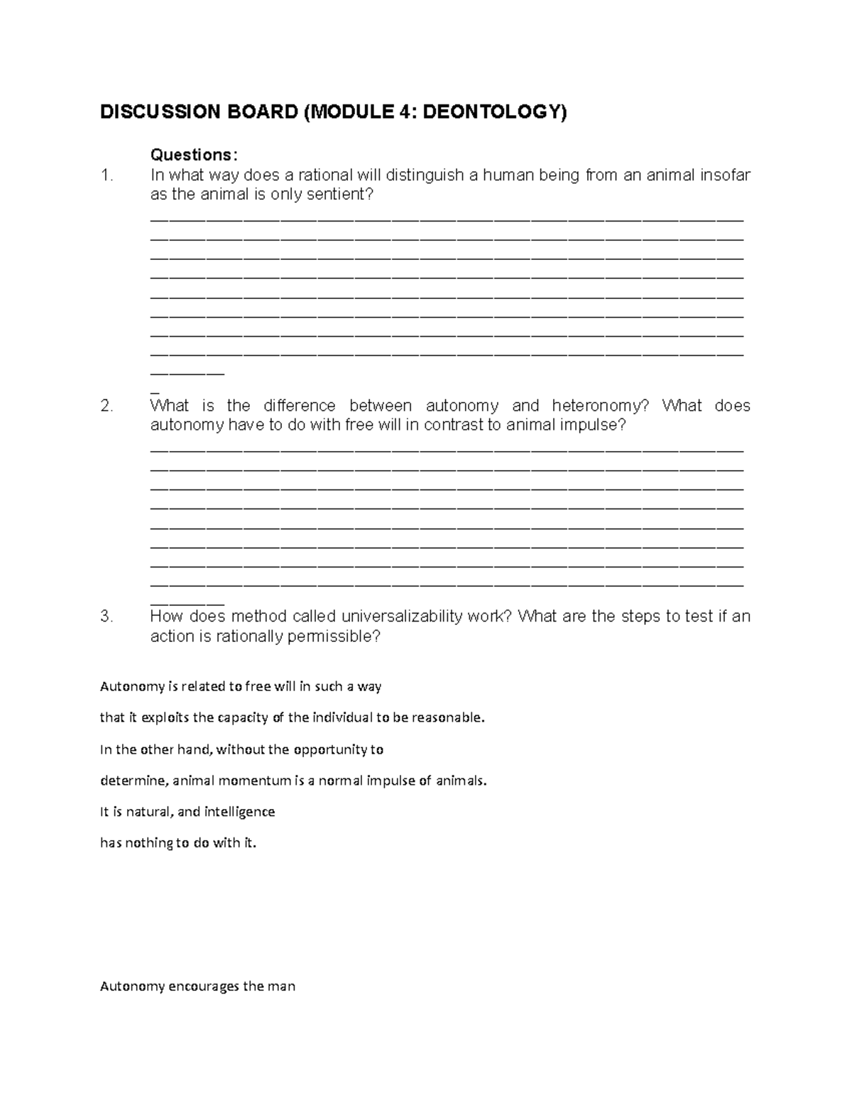 Discussion Board (Module 4) - DISCUSSION BOARD (MODULE 4: DEONTOLOGY ...