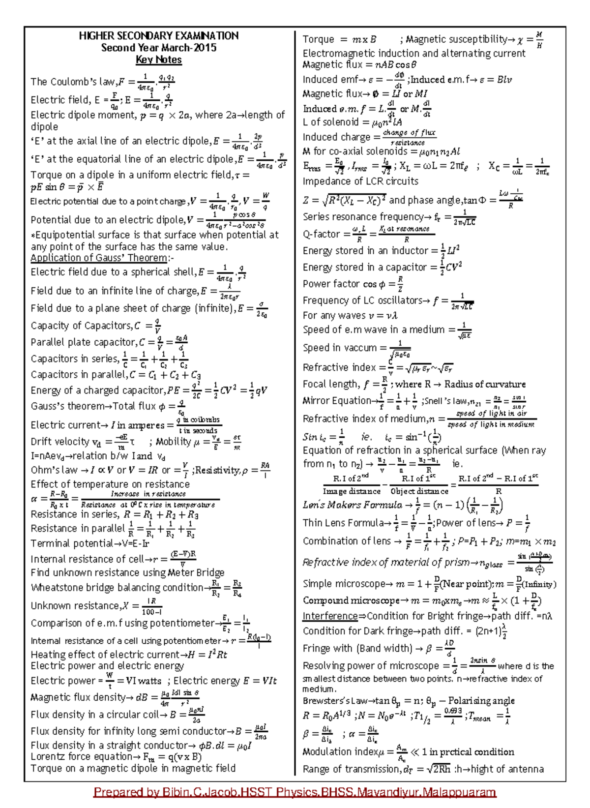 Higher Secondary Examination 2nd Year Physics Key Notes - Final - Studocu
