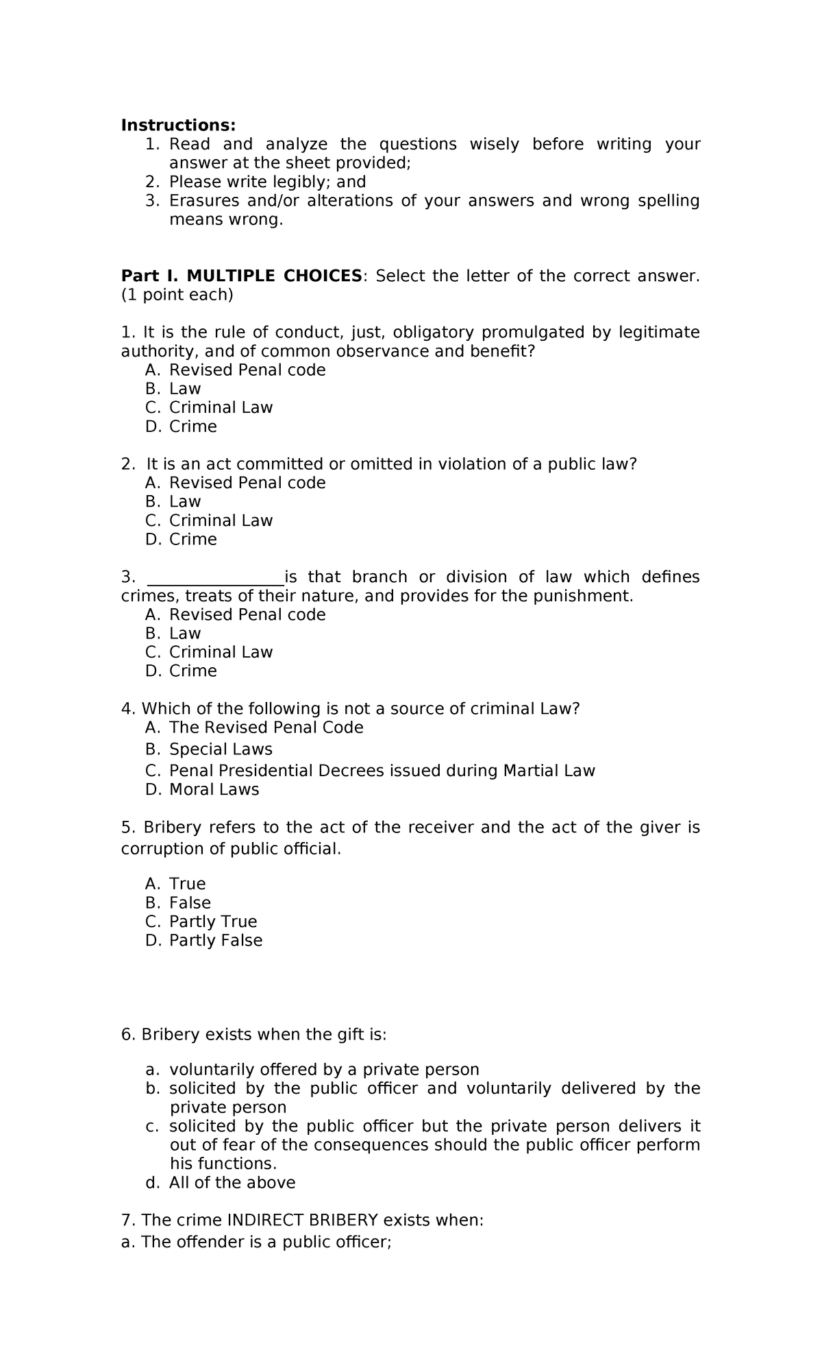Criminal Law 2: Multiple Choice Questions & Case Analysis Guide - Studocu