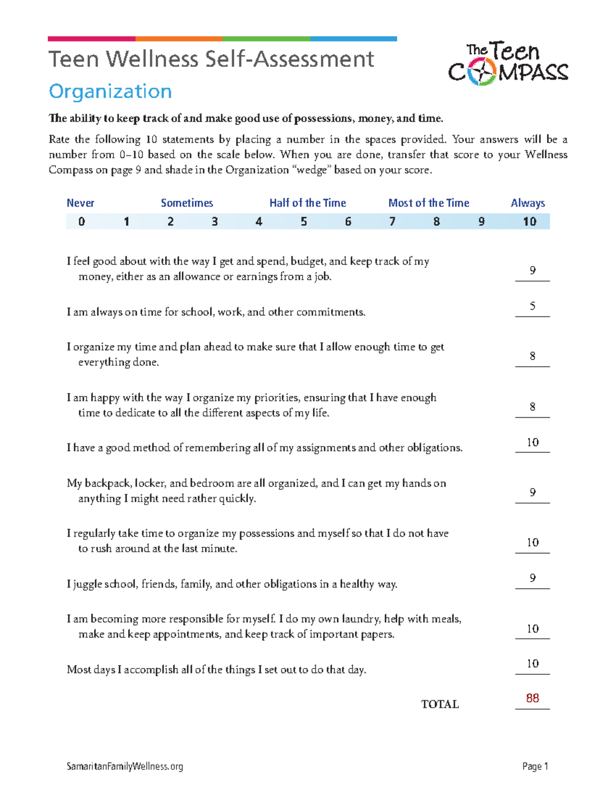 Teen Self-Assessment: Wellness Compass Evaluation Guide - Studocu