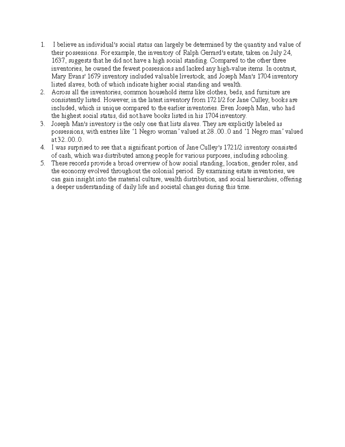 Hist 301: Essay 2 on Colonial Estate Inventories and Social Status ...