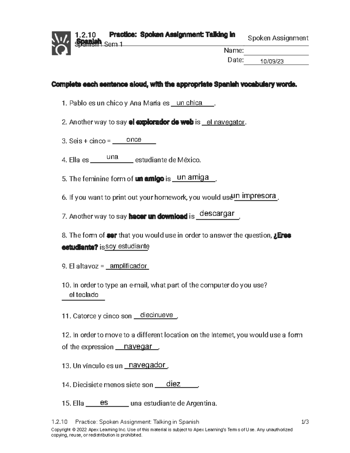 1.2.10 Practice - Spoken Assignment Talking in Spanish (Spoken ...