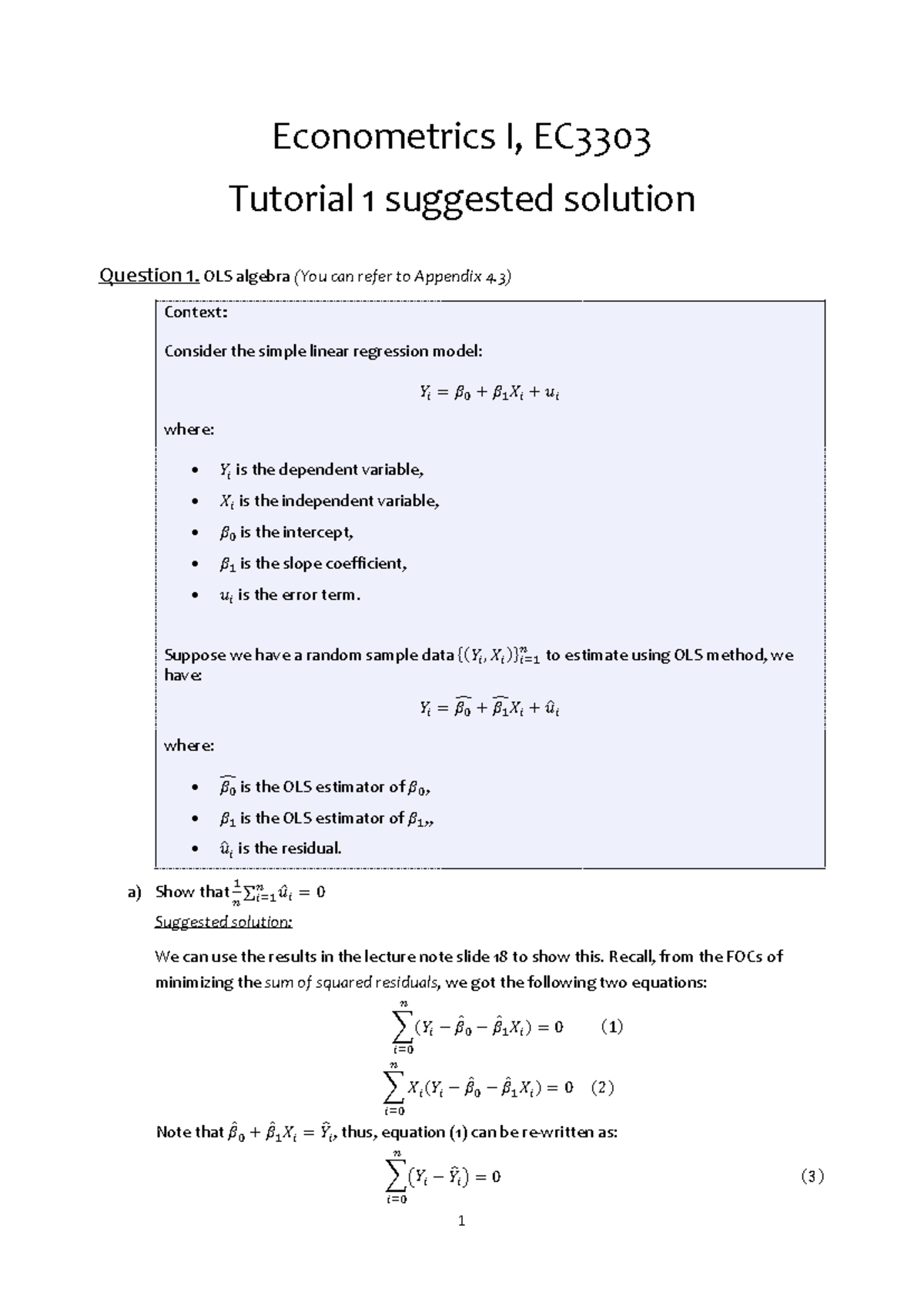 Tutorial 1 Sem2 2324 EC3303 Solution - Econometrics I, EC Tutorial 1 suggested solution Question ...