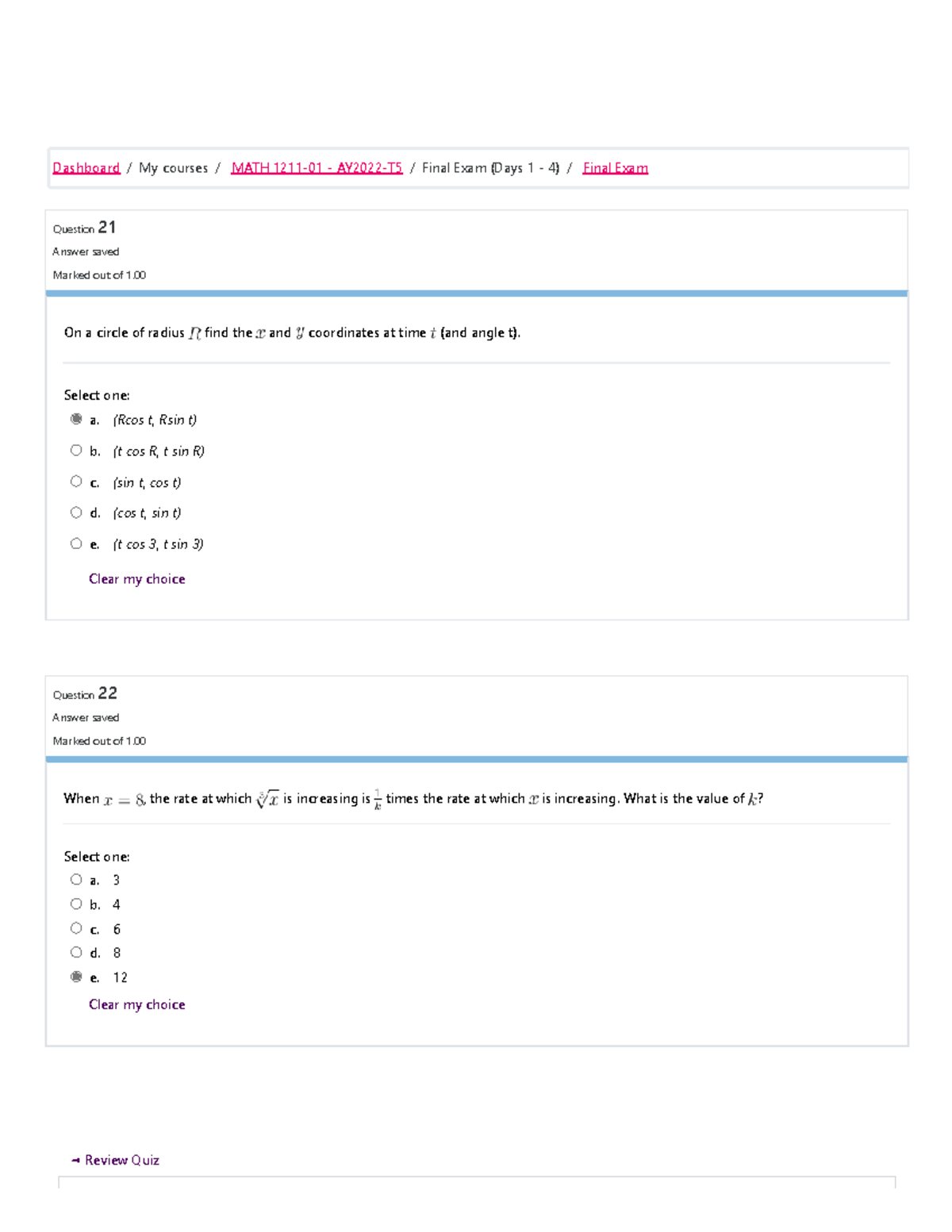 MATH 1211-01 Calculus - AY2022-T5 Final Exam (100%)3 - Question 21 Answer saved Marked out of 1 ...
