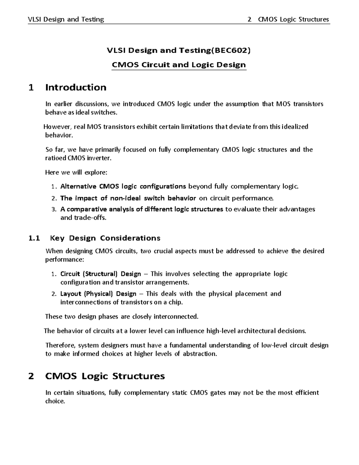 VLSI Design and Testing (BEC602): CMOS Logic Structures Overview - Studocu