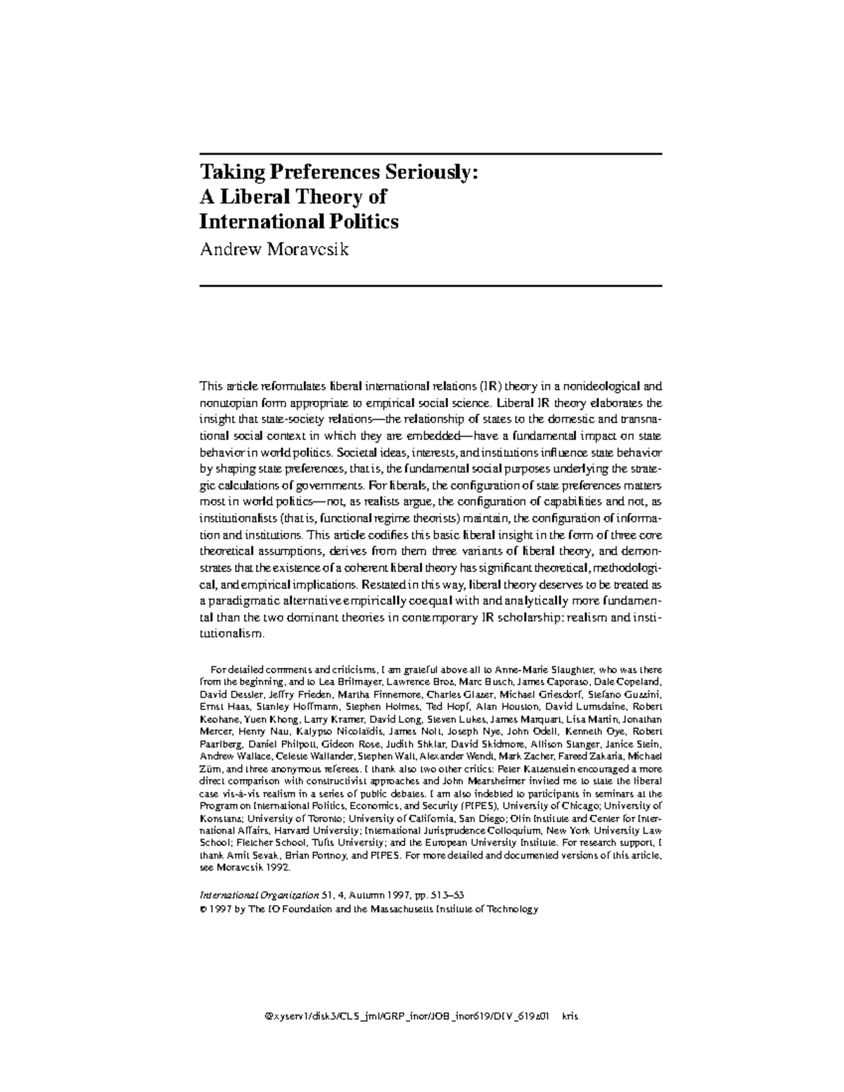 Revisiting Liberal Theory: Preferences in International Politics (IR ...
