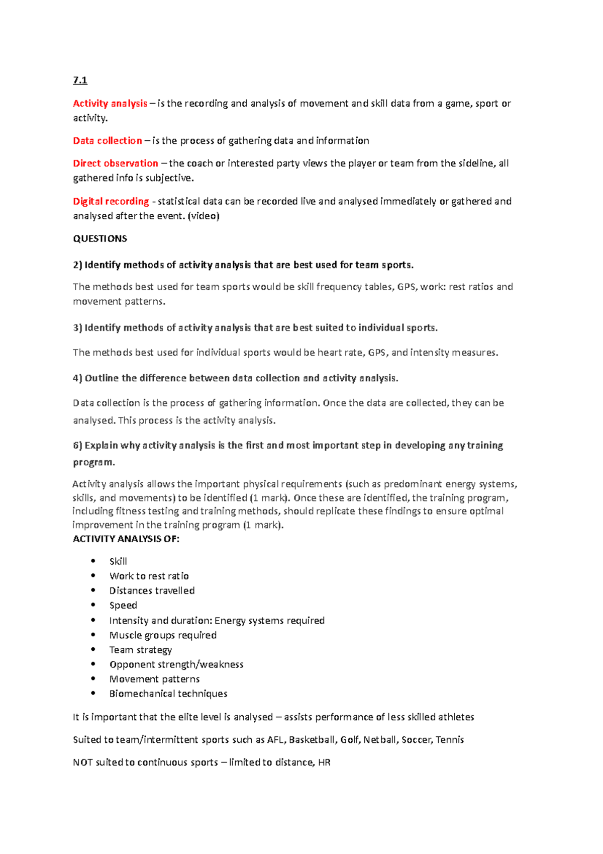 **PE 7 - Comprehensive Notes on Activity Analysis in Sports** - Studocu
